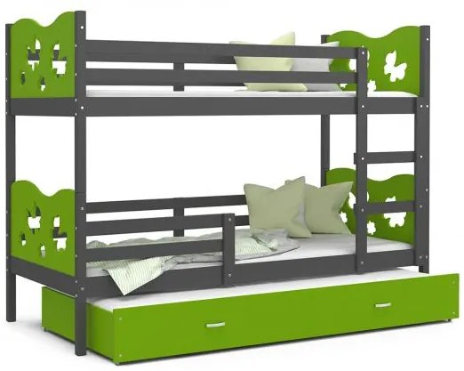 DOBRESNY Dětská patrová postel MAX 3 80x190 cm s šedou konstrukcí v zelené barvě s motýlky