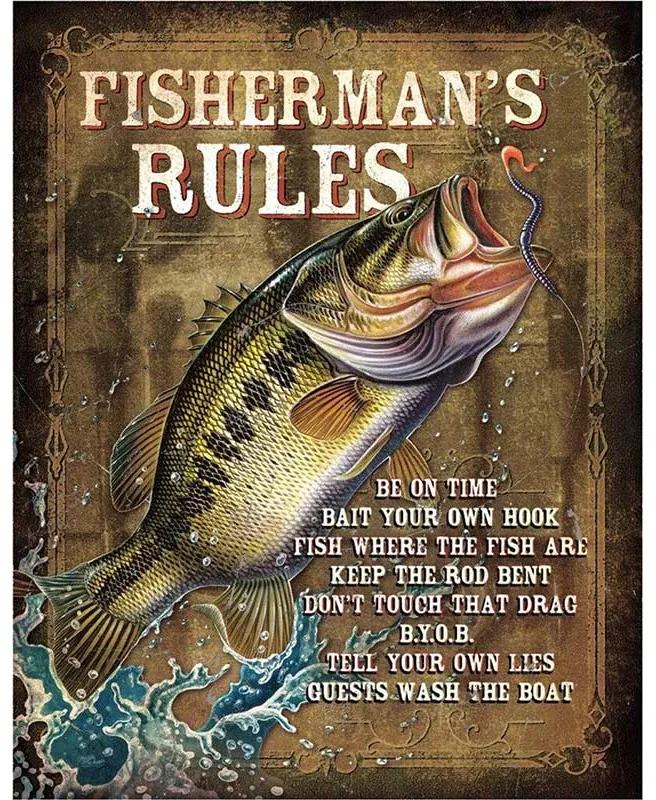 Plechová cedule JQ - Fisherman's Rules 40 cm x 32 cm