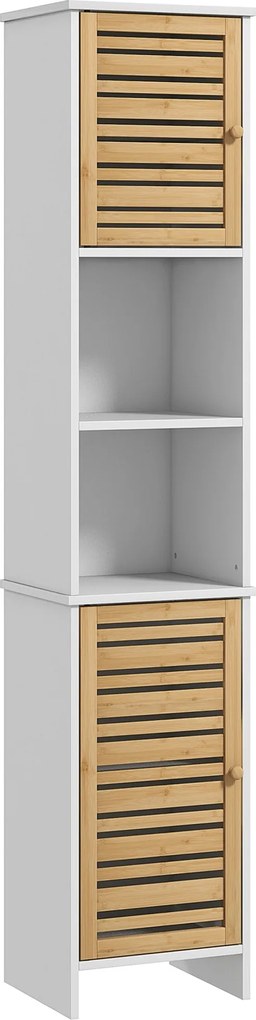 HOMCOM Moderní sloupková koupelnová skříň s nastavitelnými policemi a bezpečnostními bambusovými dveřmi 35x30x170 cm Bílá a přírodní | Aosom
