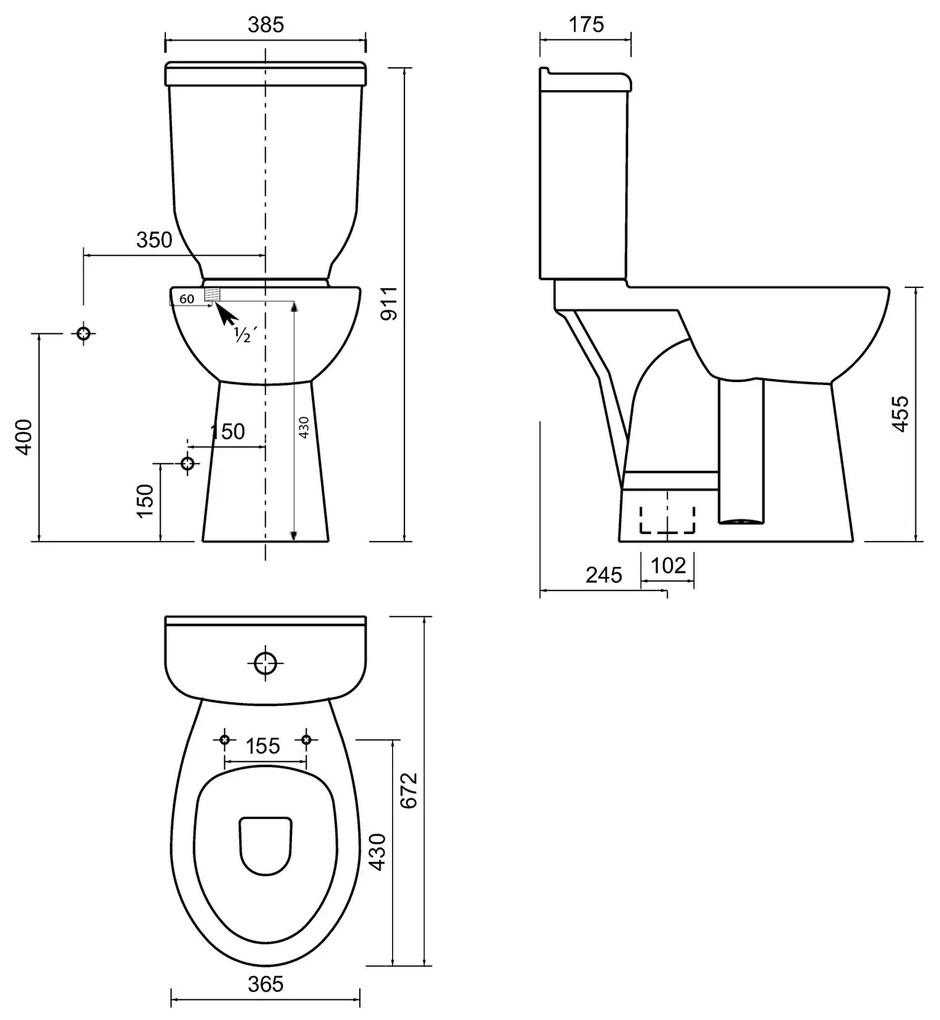 Sapho, WC kombi mísa zvýšená 36,3x67,2cm, spodní odpad, BD301.410.00