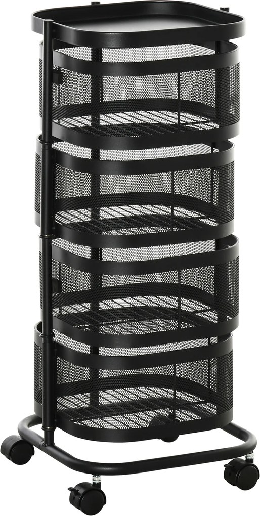 HOMCOM Servírovací vozík se 4 drátěnými koši, horní policí a otočnými kolečky, ocel a PP plast, 33x33x77cm, černý