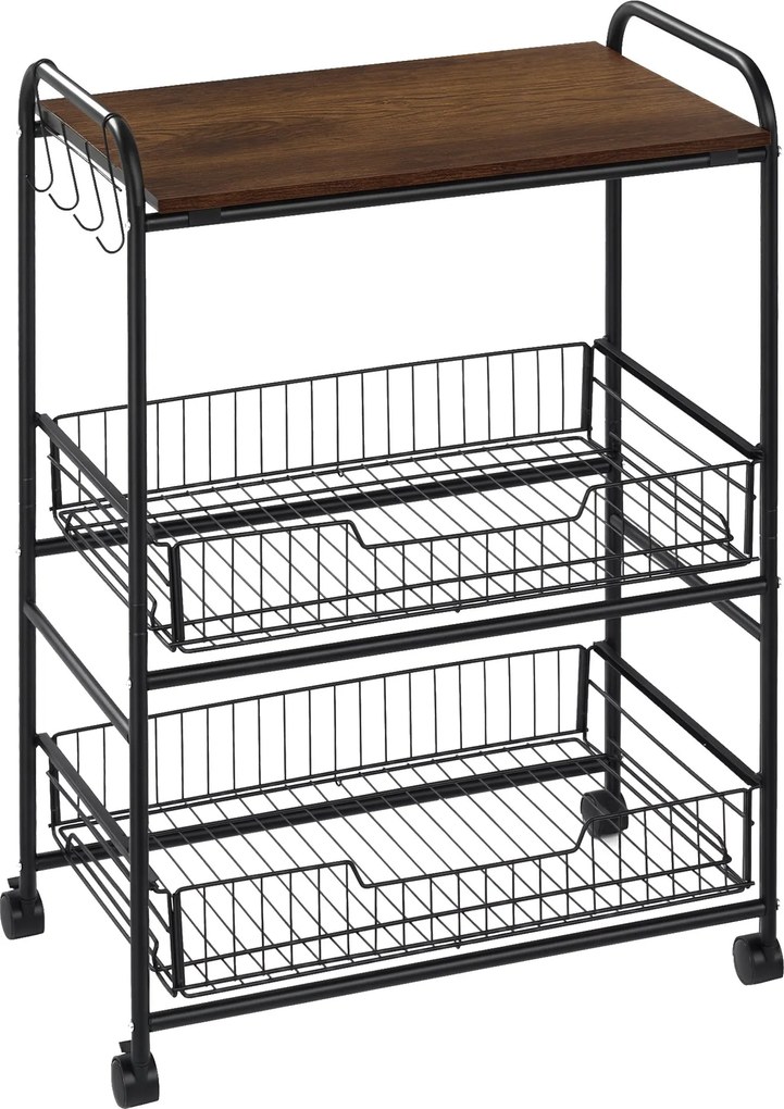 HOMCOM 3-podlažní vozík na zeleninu s kolečky, 2 košíky a 4 háčky do jídelny a obývacího pokoje, 60x38x85,5 cm, Rustikální hnědá | Aosom