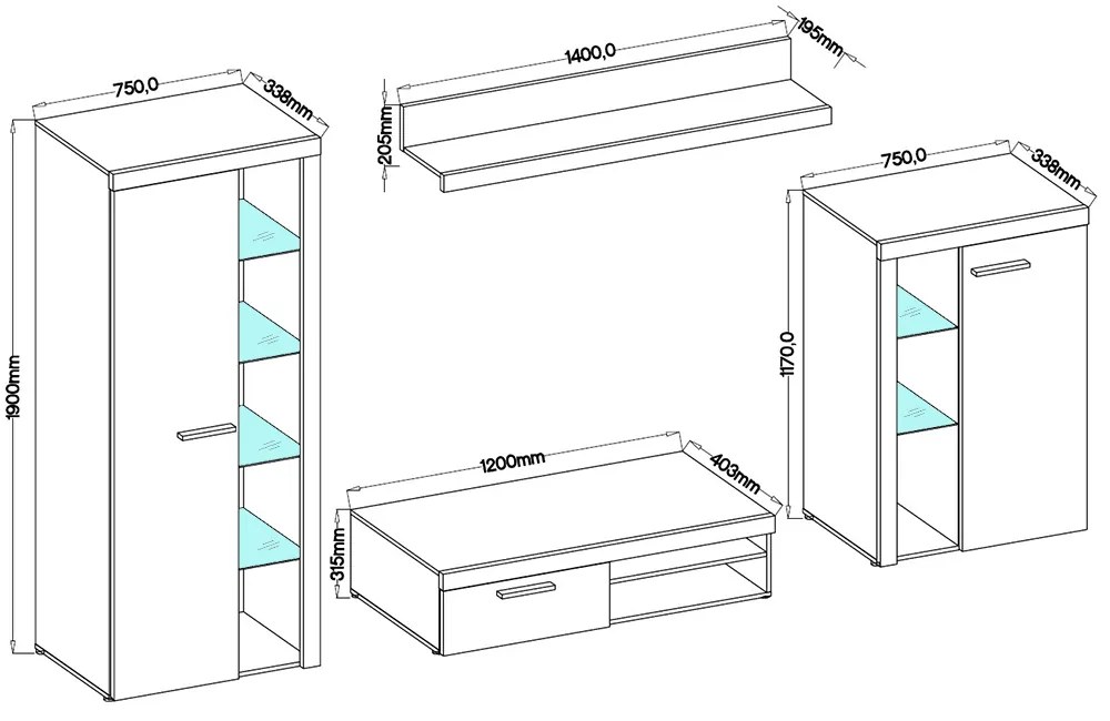 Obývací stěna Rumba + komoda 2F | 270 cm + 97,2 cm | bílá