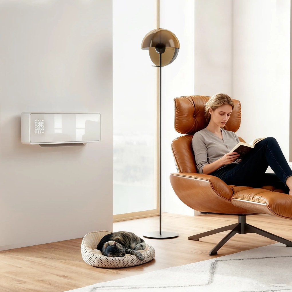 HOMCOM Nástěnný keramický elektrický ohřívač 2000 W, ventilátor, termostat, časovač, dálkové ovládání, skleněný panel, bílý