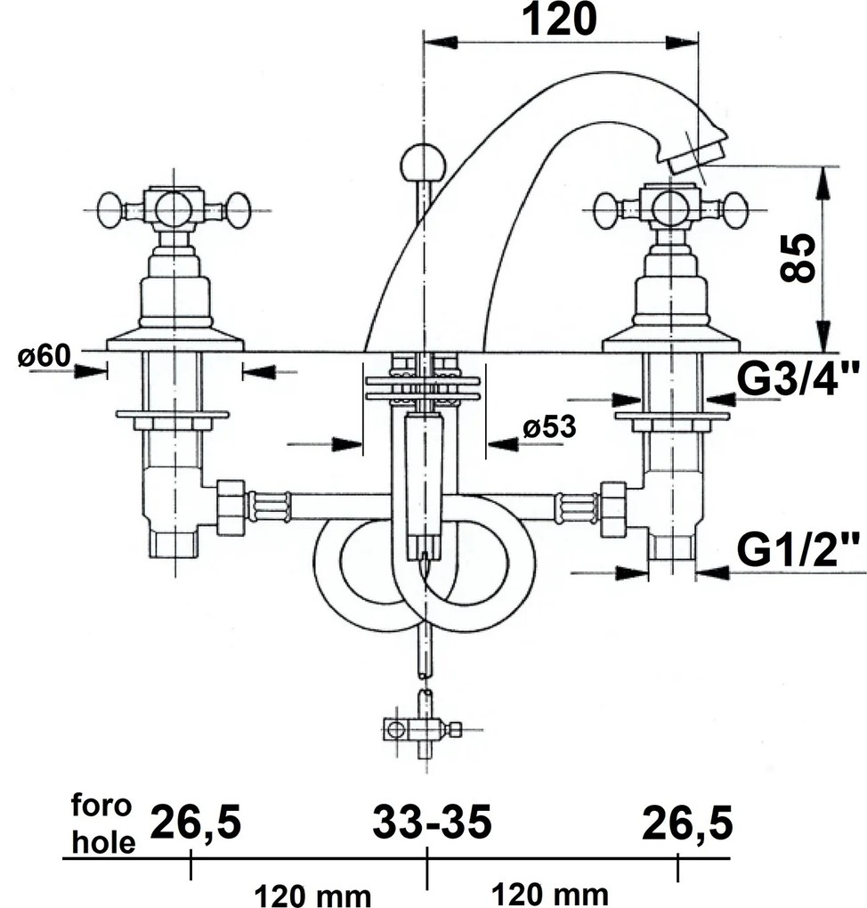 Reitano Rubinetteria ANTEA tříprvková umyvadlová retro baterie s výpustí, bronz 3026