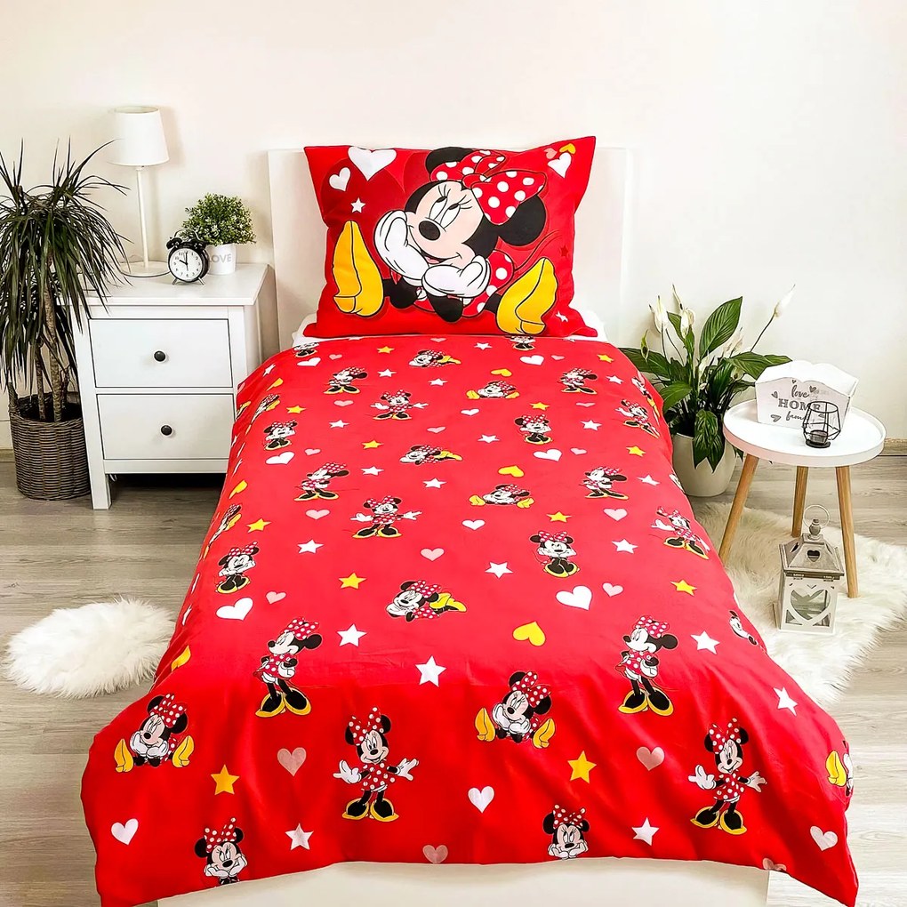 Jerry Fabrics Dětské povlečení MINNIE RED HEART červen, bavlna hladká, 140x200cm + 70x90cm