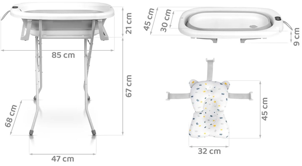 Skládací vanička pro děti a kojence s rámem, teploměrem a pohodlnou vložkou Ricokids RK-287 v bílé a šedé barvě