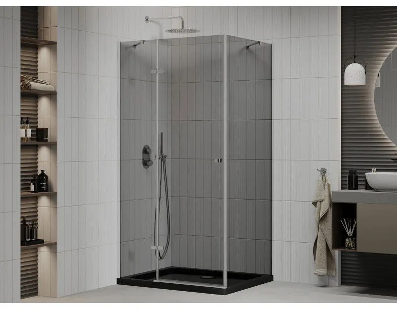 Mexen Roma, sprchový kout s křídlovými dveřmi 100 (dveře) x 90 (stěna) cm, 6mm šedé sklo, chromový profil + slim sprchová vanička černá + chromový sifon, 854-100-090-01-40-4070