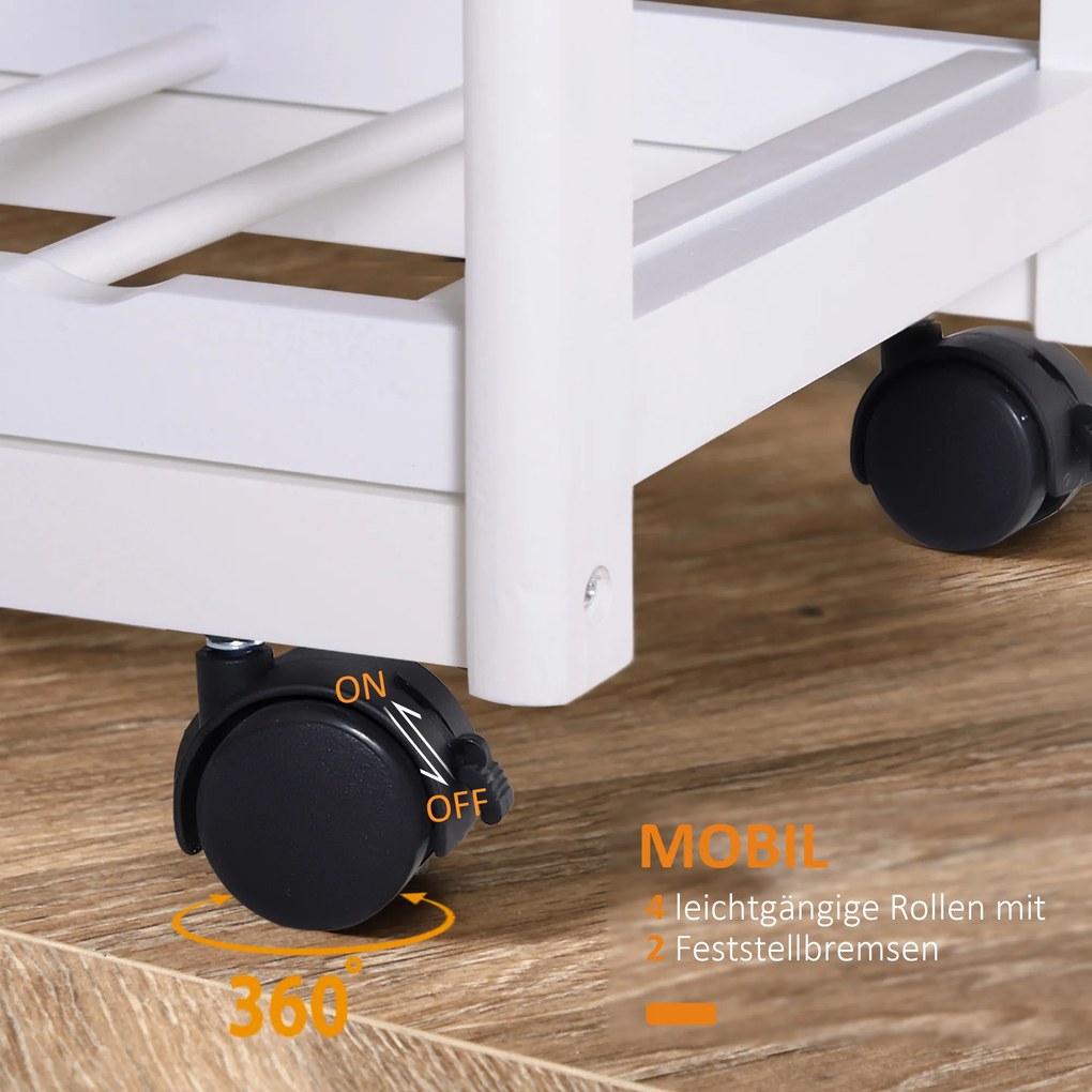 HOMCOM Víceúčelový Kuchyňský Vozík se 2 Zásuvkami, 6 Držáky na Lahve, 2 Bočními Policemi a 2 Košíky, Dřevěný Vozík z Borovice, 74x37x76 cm, Bílý