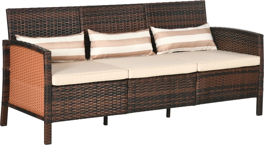 Outsunny Ratanová pohovka s polstry, pro 3 osoby, zahradní lounge pohovka, ocel, hnědá, 173 x 68 x 78 cm