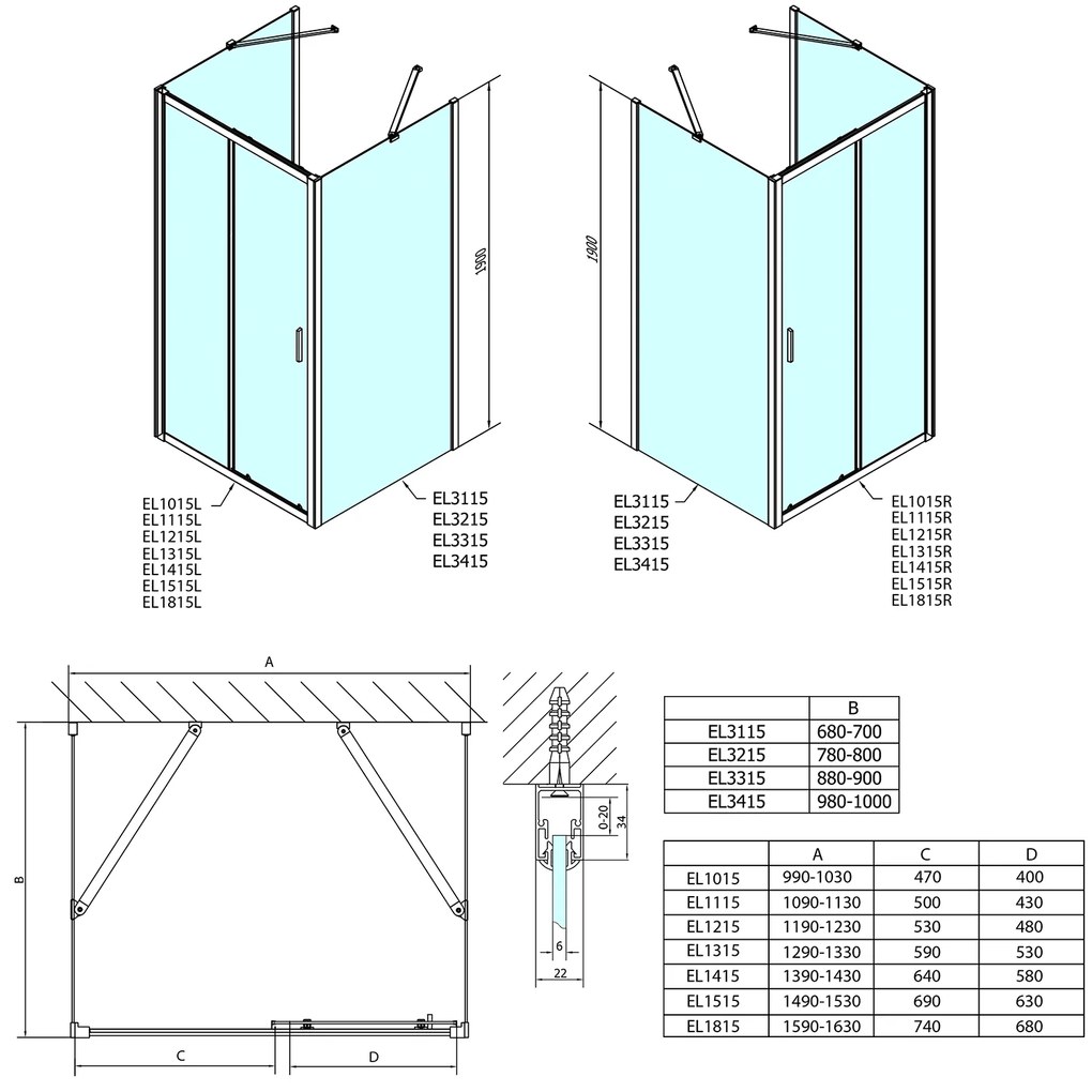 Polysan EASY LINE třístěnný sprchový kout 1000x1000mm, L/P varianta, čiré sklo EL1015EL3415EL3415