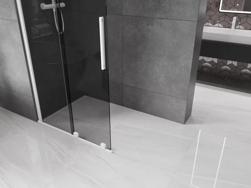 Mexen Velar, sprchová zástěna s posuvnými dveřmi Walk-in 75 x 200 cm, 8mm šedé sklo, bílá matná, 871-075-000-43-20
