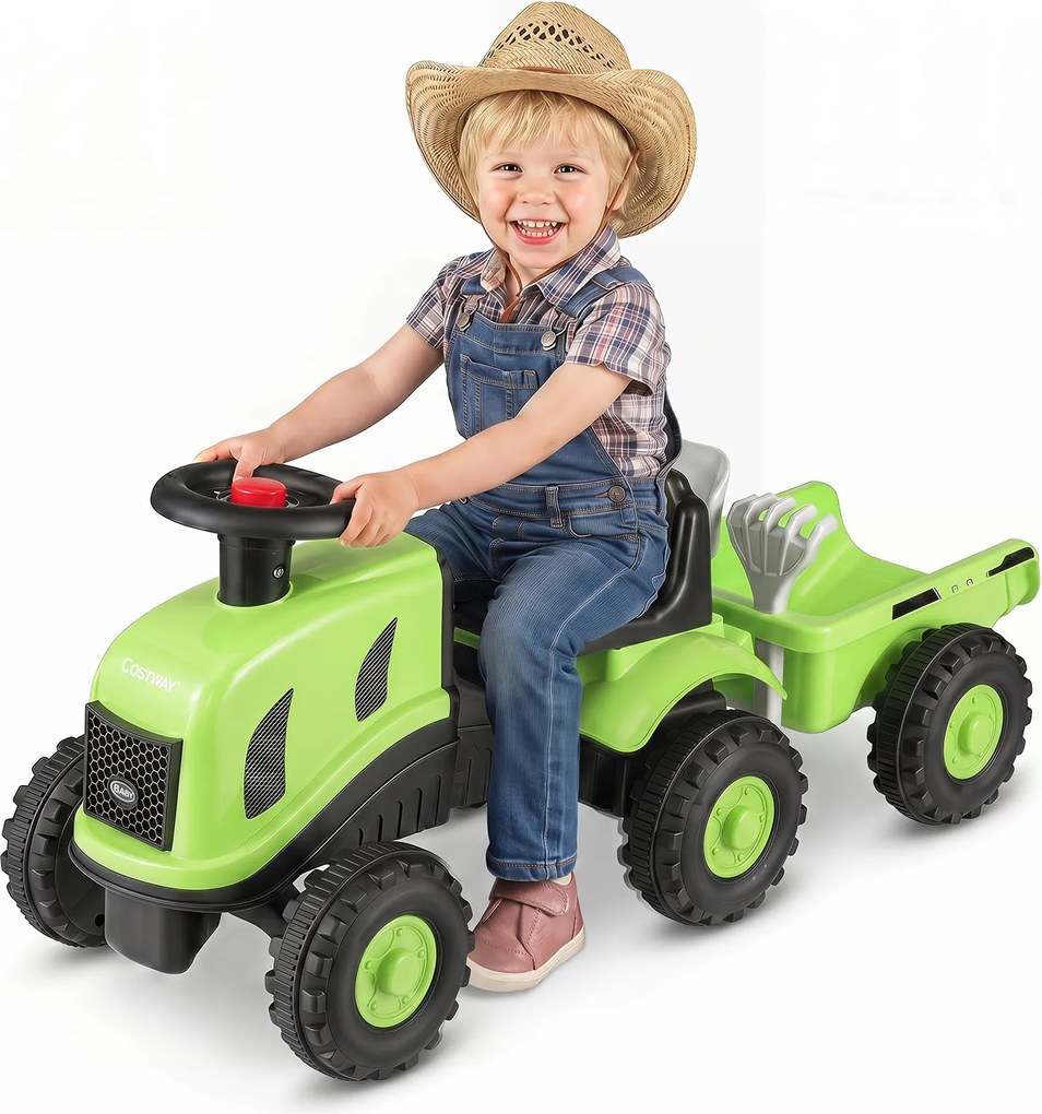 Costway Dětský traktor s přívěsem, klaksonem a ergonomickou