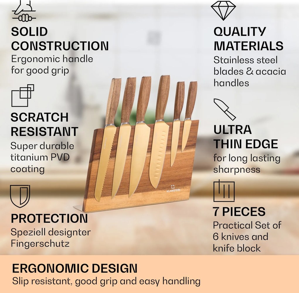 Klarstein Kazuno, sada nožů, 7 kusů, magnetický blok, PVD, titanový povlak
