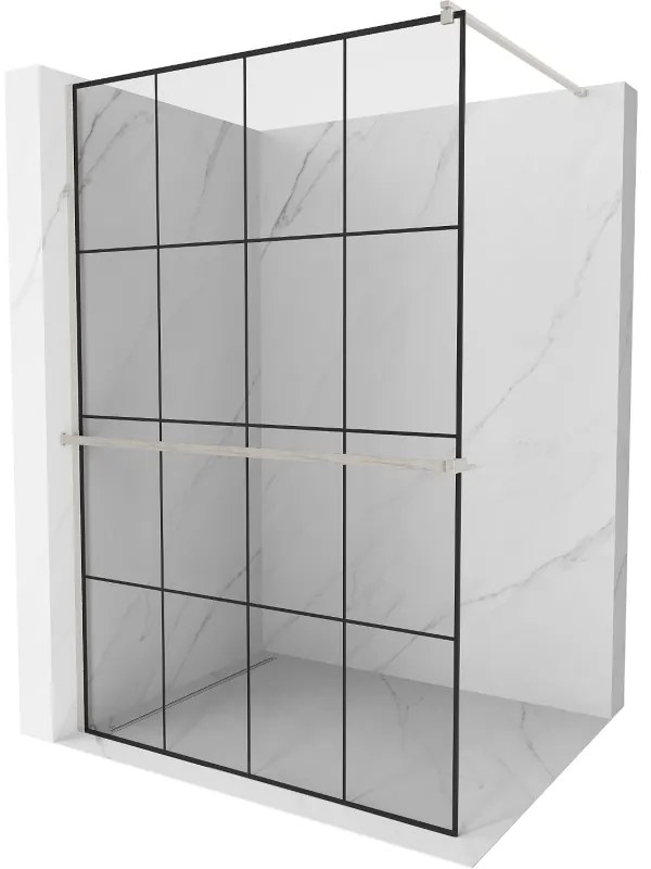Mexen Kioto+, sprchová zástěna Walk-In s poličkou a věšákem 130 x 200 cm, 8mm čiré sklo černý vzor, broušená ocel profil, 800-130-121-97-77
