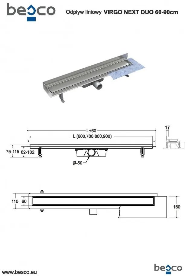 BESCO Odtokový žlab VIRGO NEXT DUO Rozměr A - 90 cm ZLOL90VND