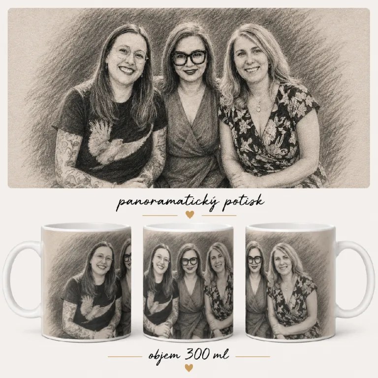 Hrnek s portrétem z vlastní fotografie – panoramatický potisk | 16 uměleckých stylů Styl portrétu:: Romantická ilustrace