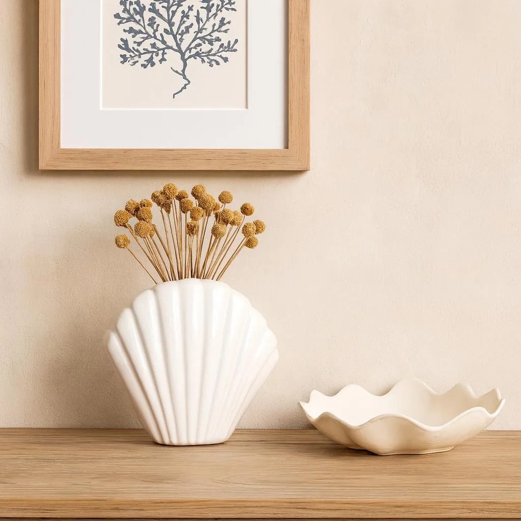 Keramická váza ve tvaru mušle, kamenina, bílá, 17 x 7,5 x 16,5 cm