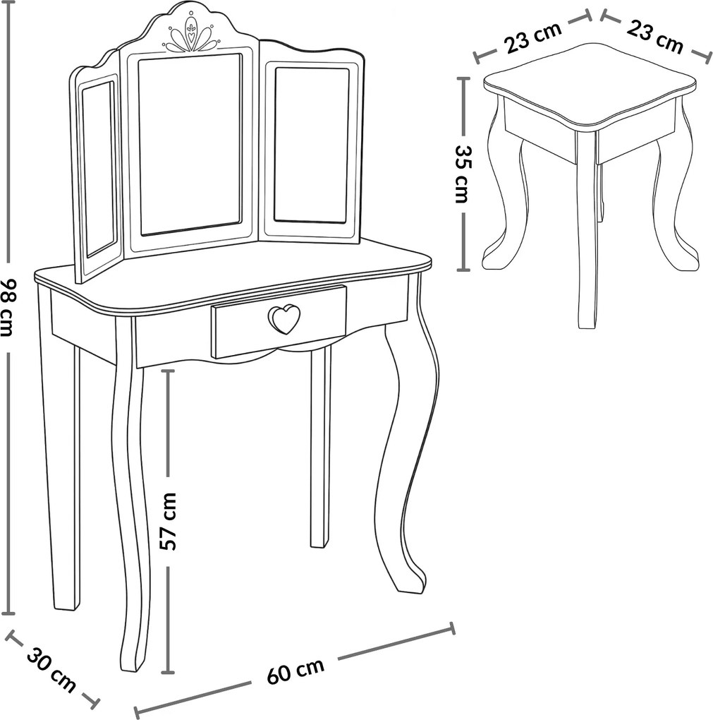 Dětský toaletní stolek REIA, se zrcadlem a židličkou v sadě, růž