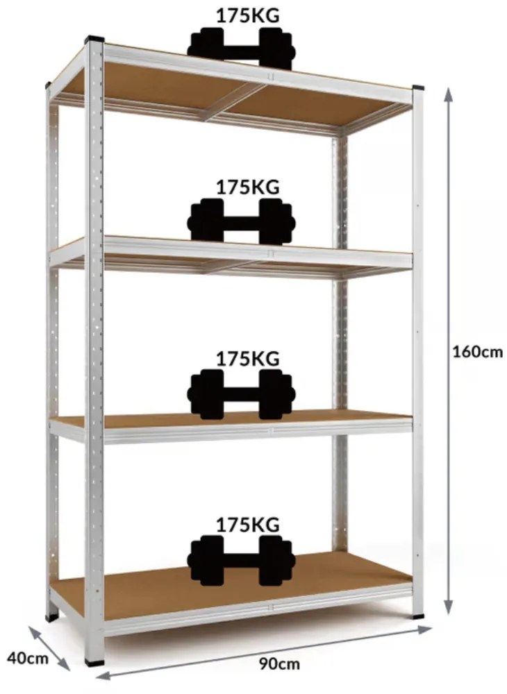 Regál s vysokou nosností HEAVY, max. 700 kg, 90x40x160cm, stříbrná Monzana