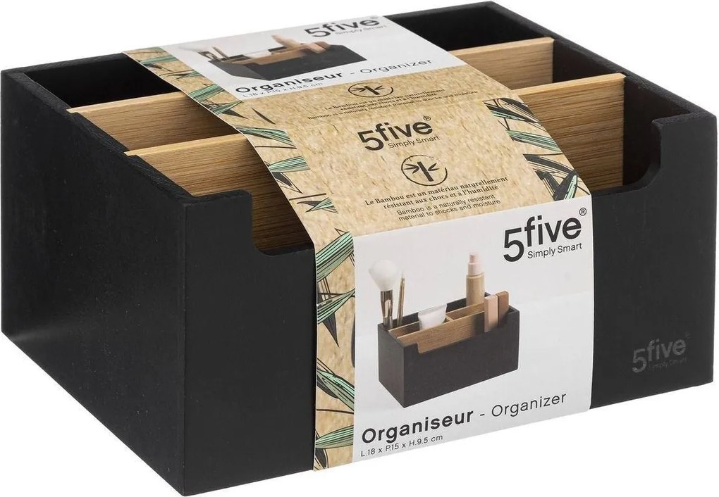 Organizér na kosmetiku, 5 přihrádek, bambus, černý