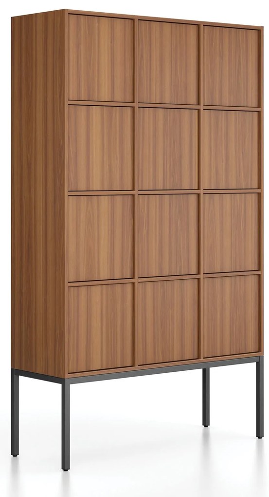 Kancelářská skříň FRAME, černá podnož, 12x dveře, 1299 x 450 x 2185 mm, zámek PUSH-lock, ořech