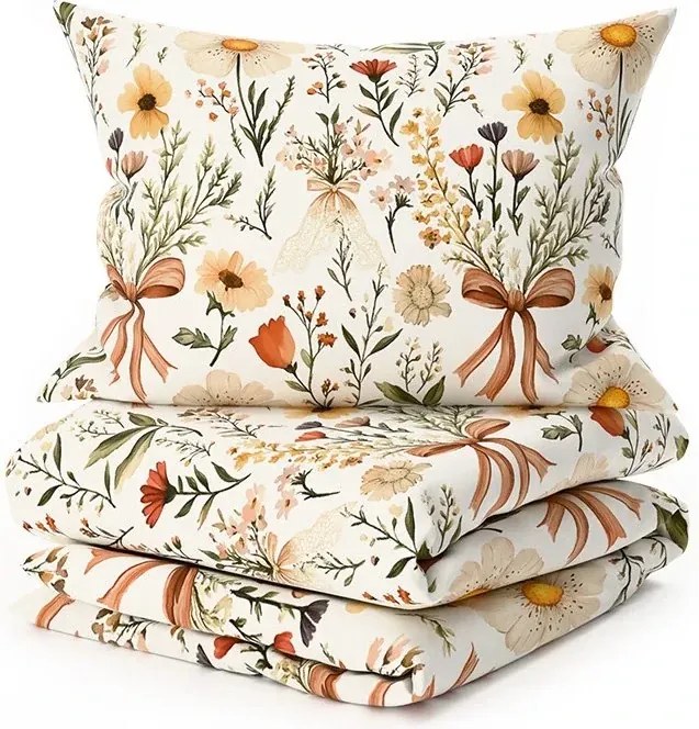 Sada krepového povlečení FLORAL RIBBON POLY barevné + prostěradlo Jersey 180 x 200 cm světle béžové, dvoulůžko