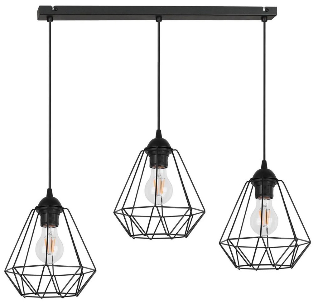 Light for home - Závěsné svítidlo na lanku s kovovými stínítky LH002 "DIAMOND LOFT CORRAL", 3x60W, E27, Černá