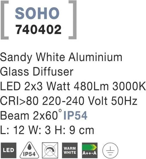 NV 740402 Venkovní nástěnné svítidlo SOHO bílý hliník skleněný difuzor LED 2x3W 3000K 220-240V 2x60st. IP54 světlo nahoru a dolů - NOVA LUCE