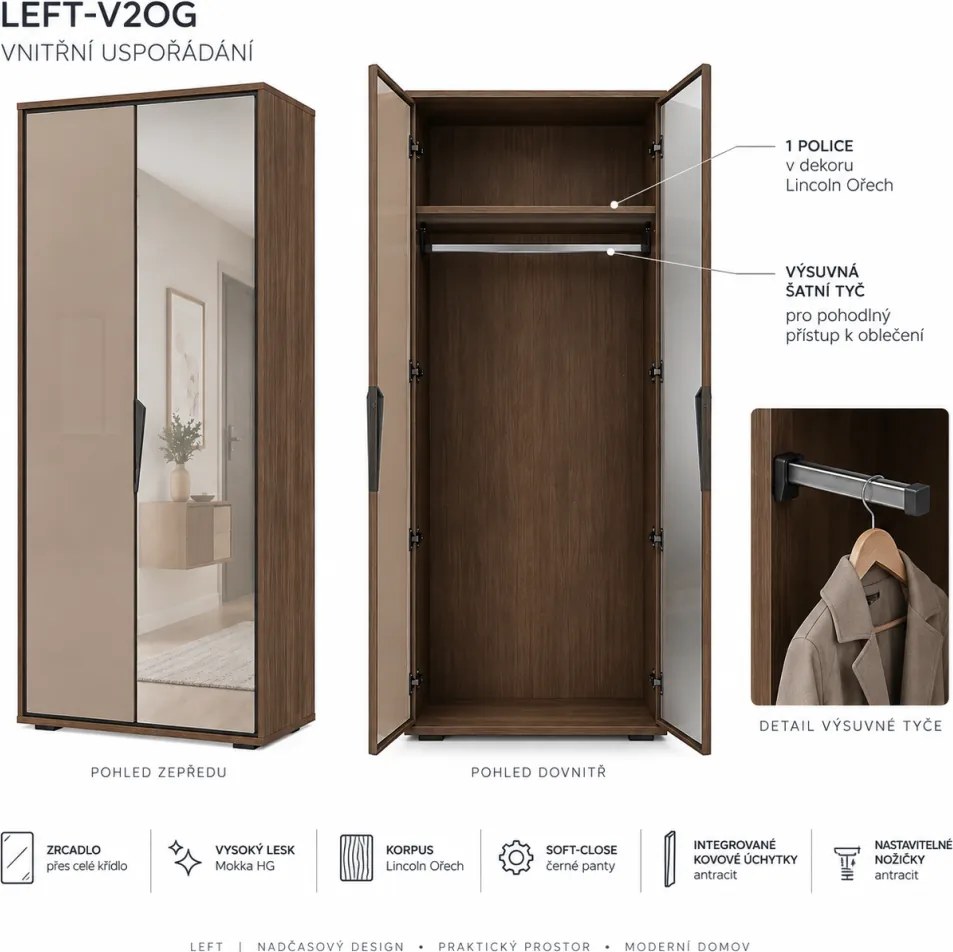 Skříň LEFT-V2OG – dvoudveřová skříň s velkým zrcadlem do předsíně