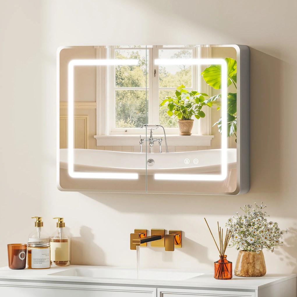 HOMCOM Zrcadlová skříňka do koupelny s LED osvětlením, 60 x 80 cm koupelnová skříňka s protimlžnou, 3-cestnou stmívatelnou