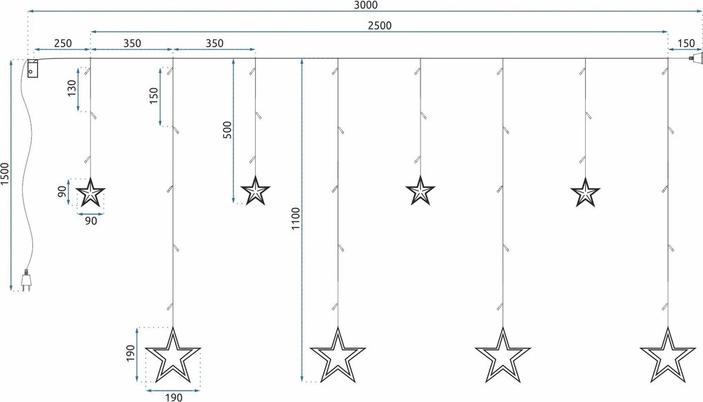 Vánoční svítící řetěz - hvězdy - 92 LED RGB - 250x110 cm s dálkovým ovládáním