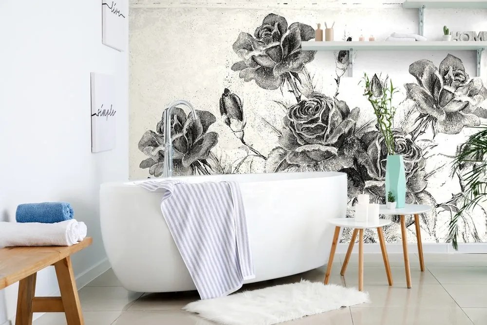 Samolepící tapeta černobílá vintage kytice růží - 375x250 cm