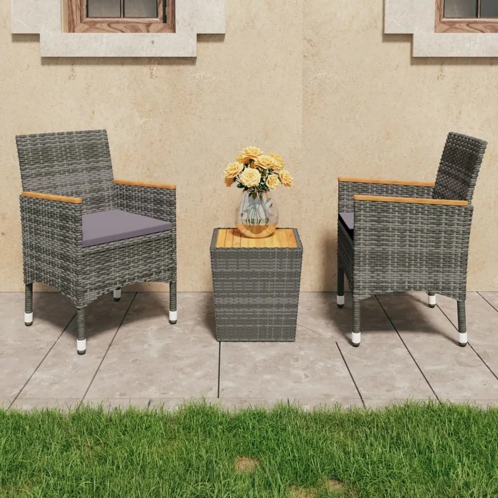 3dílný bistro set polyratan a akáciové dřevo šedý 3058367