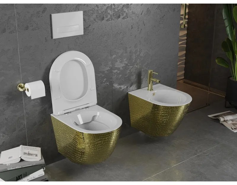 Mexen Lena WC mísa Rimless s pomalu padající deskou slim, duroplast, bílá/Zlatá vzor rybí kůže - 30224008