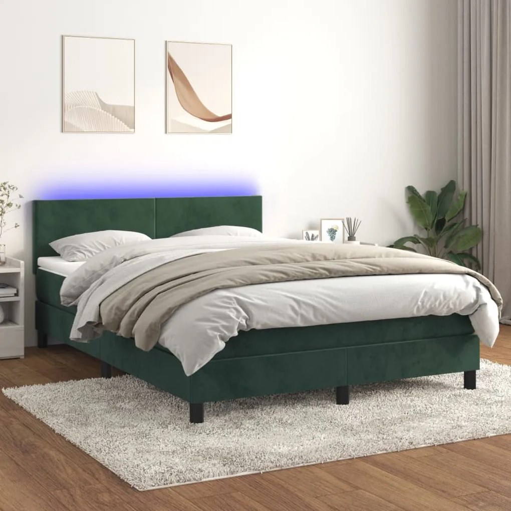 Box spring postel s matrací a LED tmavě zelená 140x190 cm samet