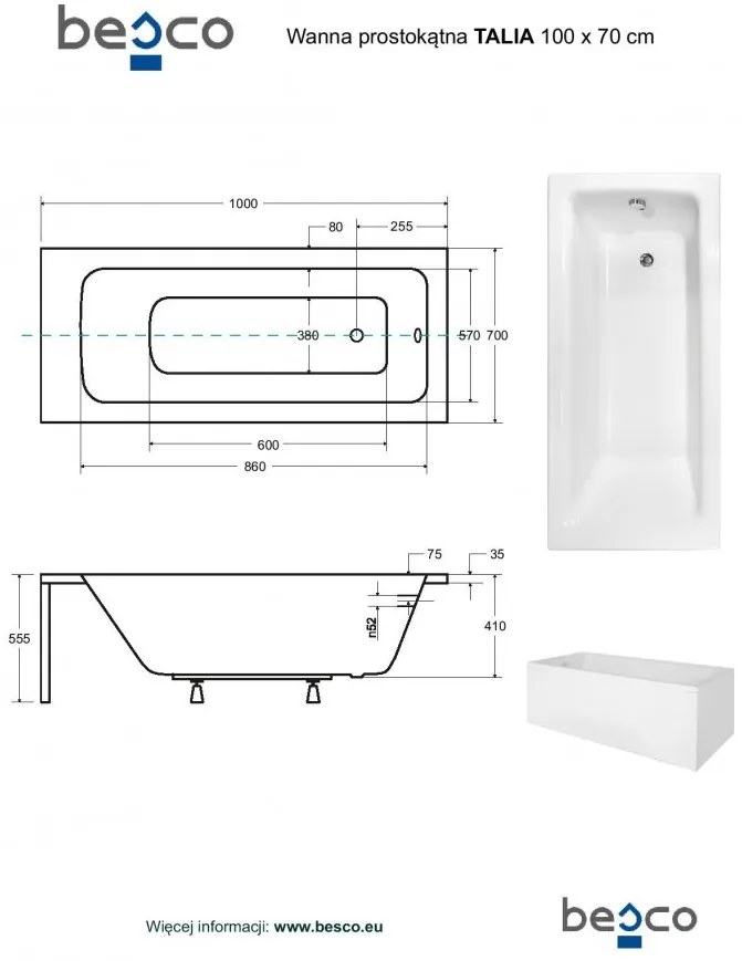 BESCO Obdélníková vana TALIA Nožičky k vaně - S nožičkami, Rozměr vany - 100 × 70 cm VANTAL10+OLVPINOZ