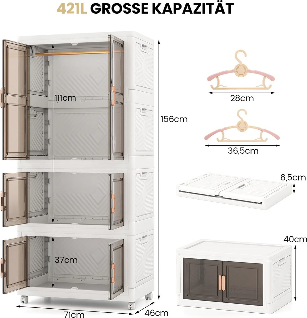 Costway Šatní skříň s 10 věšáky 421 L víceúčelová s kolečky volná kombinace