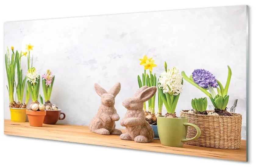 Obraz na skle květiny králíci 140x70cm