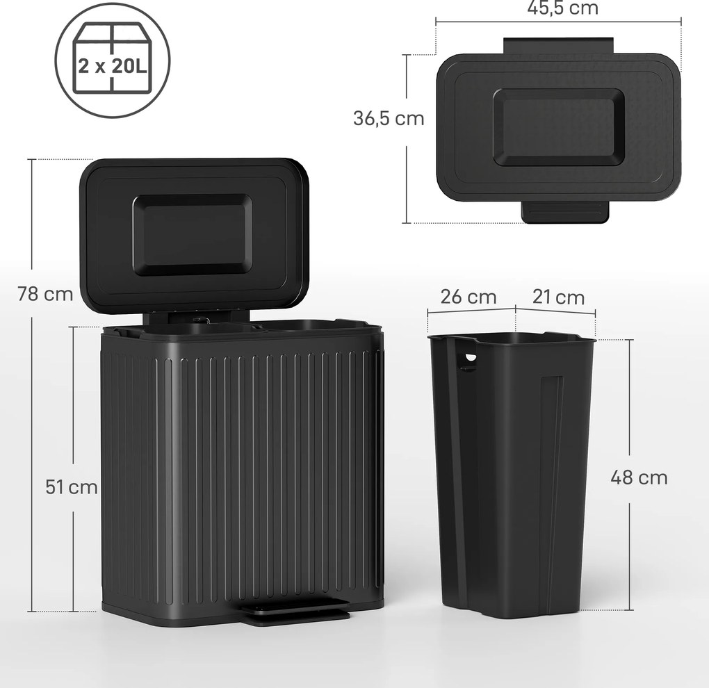 Kuchyňský odpadkový koš, 2 přihrádky po 20 l, efektivní třídění odpadu, nožní pedál, plast, kov, černý