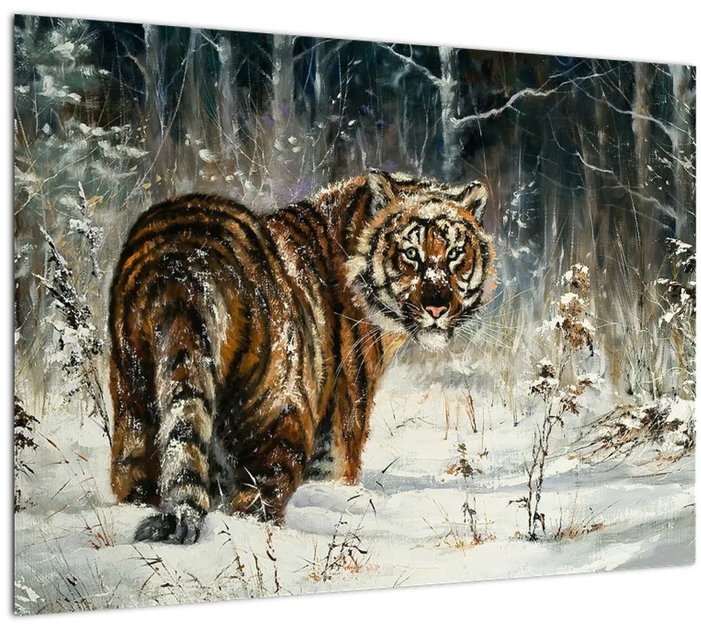 Skleněný obraz - Tygr v zasněženém lese, olejomalba (70x50 cm)