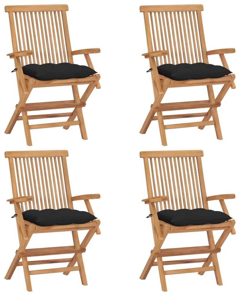 3065639 vidaXL Zahradní židle s černými poduškami 4 ks masivní teak