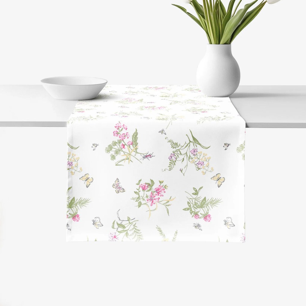 Goldea běhoun na stůl 100% bavlněné plátno - barevné luční květiny na bílém 35x140 cm
