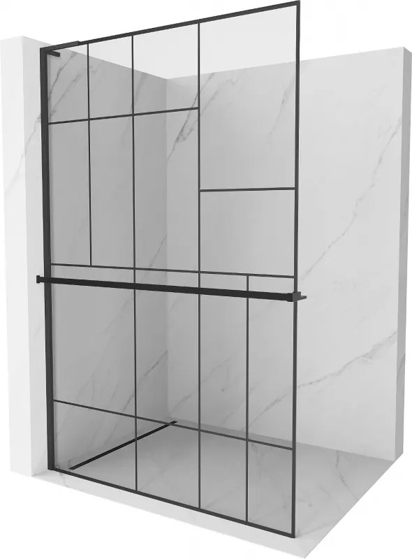 Mexen Kioto+ L, sprchová zástěna Walk-In s poličkou a věšákem 90 x 200 cm, 8mm čiré sklo černý vzor, černý profil, 800-090-123-70-78