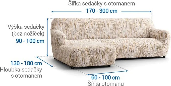 Bielastické potahy UNIVERSO NOVÉ žíhané béžové sedačka s otomanem vlevo (š. 170 - 300 cm)