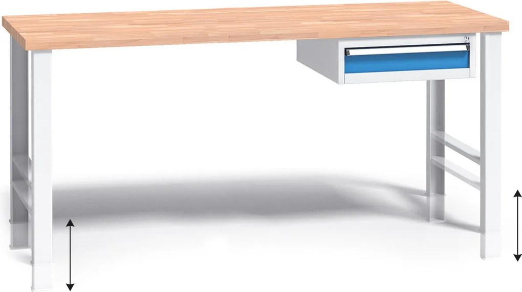 Výškově nastavitelný pracovní stůl do dílny G3 se závěsným boxem na nářadí, buková spárovka, 1 zásuvka, 1700 x 685 x 840 - 1050 mm, modrá