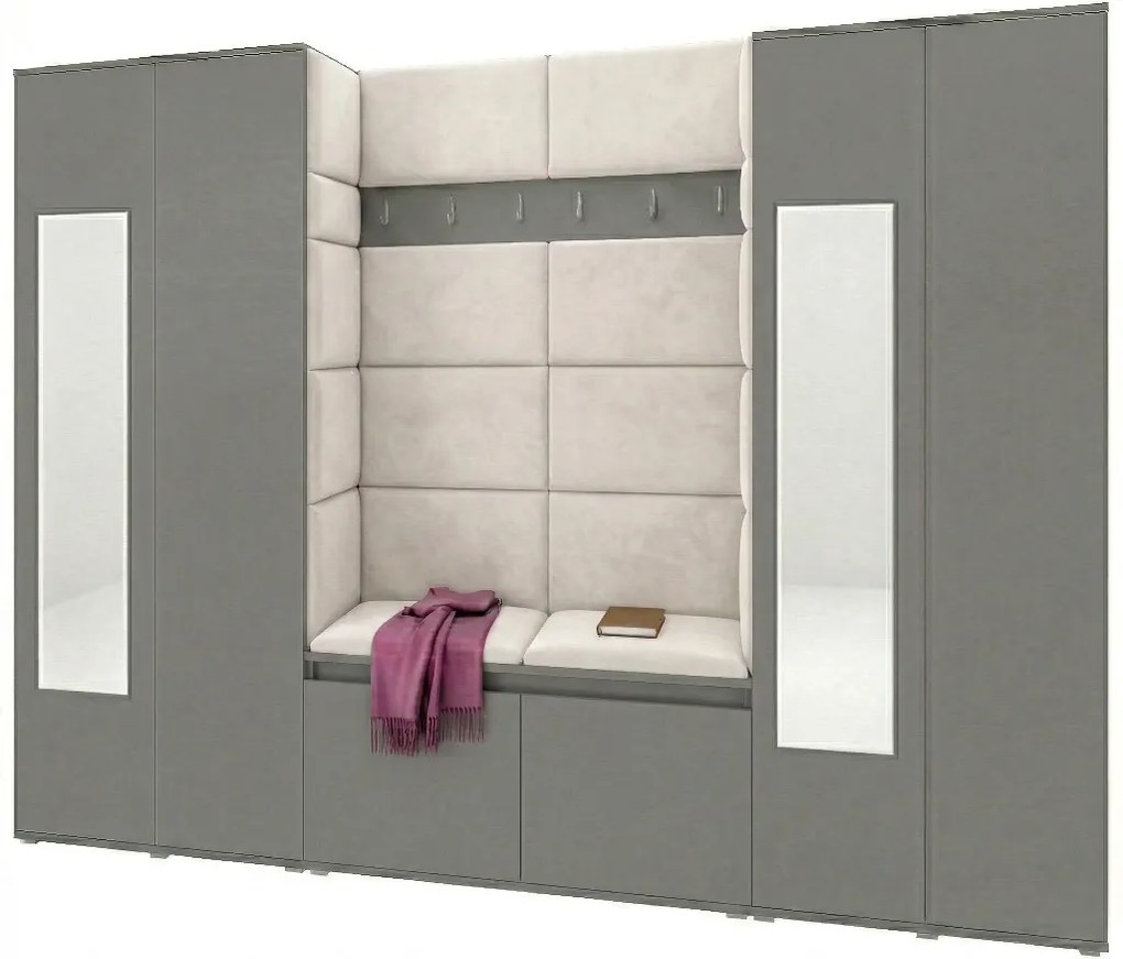 Předsíňová stěna Trinity 10 s čalouněnými panely, 280 cm, grafit/ krémově bílá