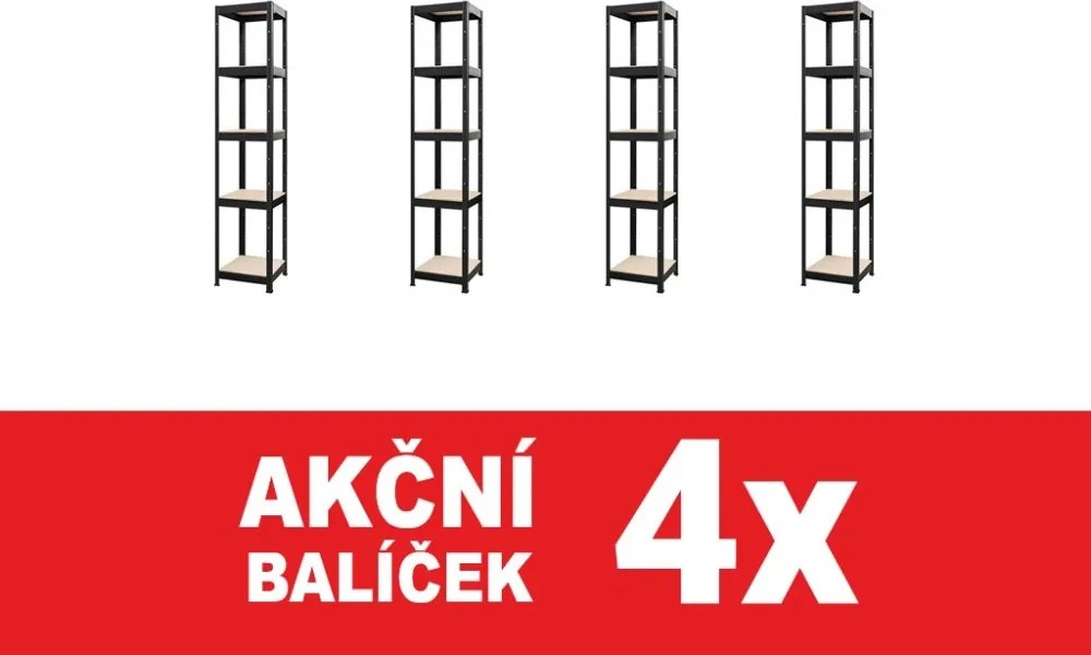 Akce 4x Regál 180x75x40 cm lakovaný 5-policový, nosnost 875 kg - černý