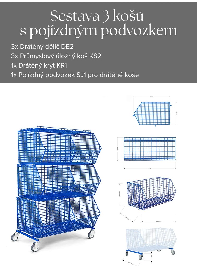FEROPLAST spol. s.r.o Průmyslový úložný koš KS4, kompletní set 3 košů na kolečkách