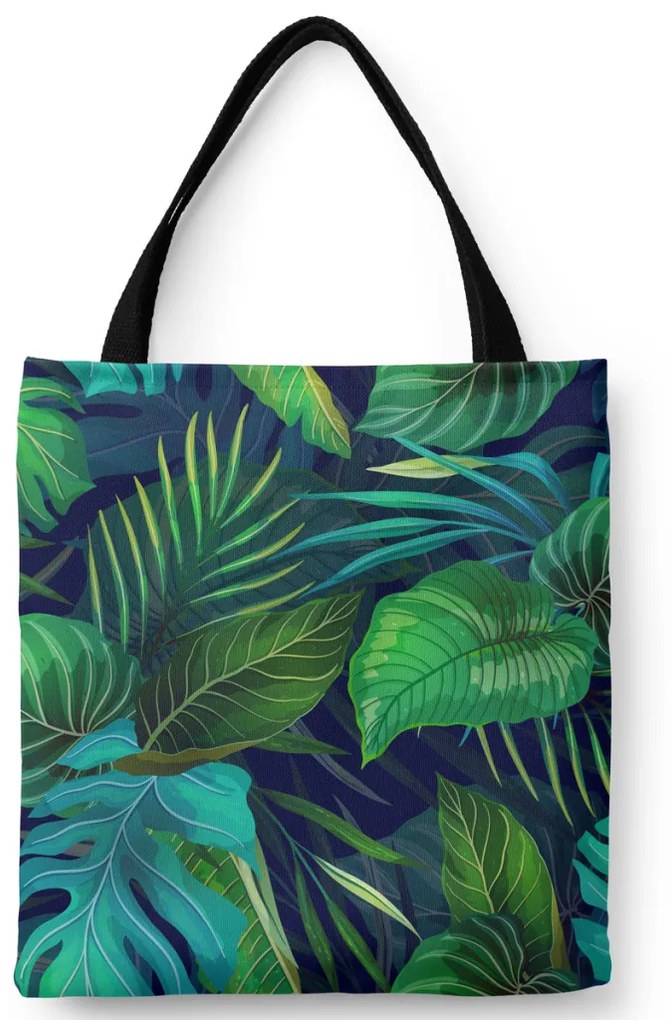 Nákupní taška Šťavnaté listy - rostlinná kompozice zobrazená na fialovém pozadí